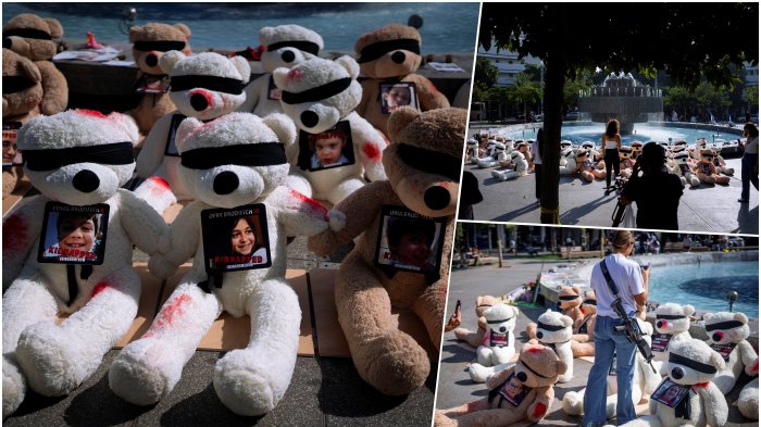 JEZIVE SLIKE! PLIŠANE MEDE 'UMRLJANE KRVLJU' Svaki ima povez oko očiju ...