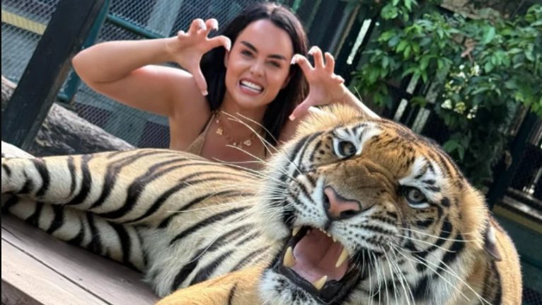 Naša pevačica sa TIGROVIMA U KAVEZU NA TAJLANDU: Zagrlila ih, a grudi samo što joj ne ispadnu u ...
